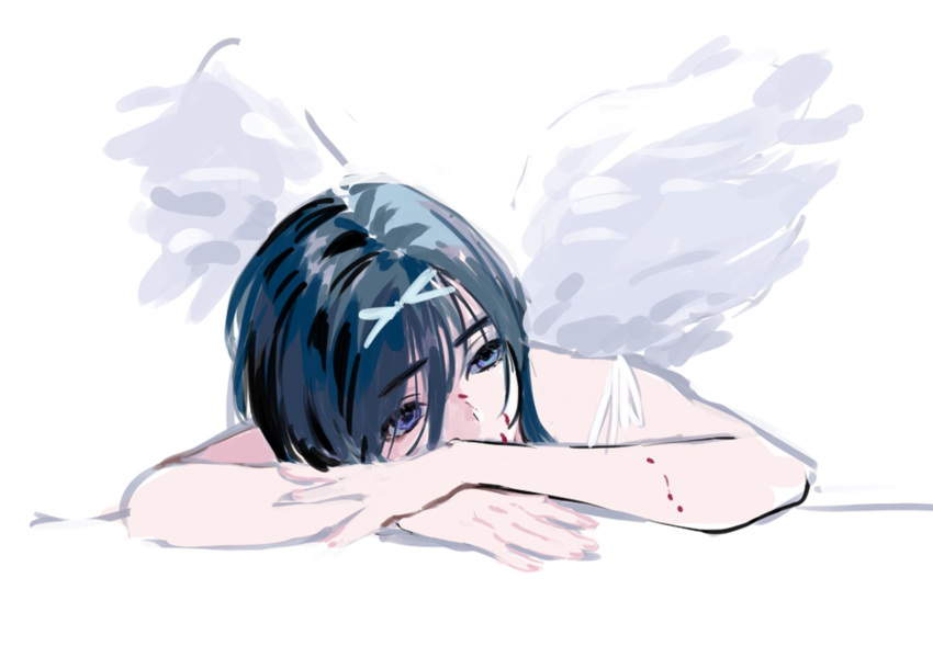 Safebooru - 1girl alien stage angel wings black hair blood blood on arm ...