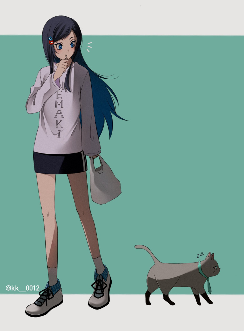 Safebooru - 1girl ado (utaite) aqua eyes bag black hair black skirt blue eyes blue hair blush ...