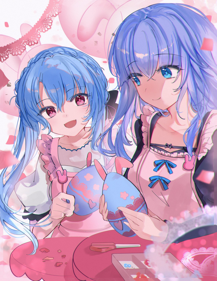 Safebooru - 2girls :d animal ears apron black shirt blue eyes blue hair blurry braid bright ...