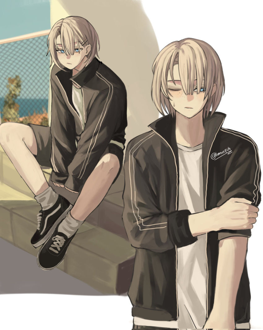 Safebooru - 1boy alternate costume black footwear black jacket black shorts blonde hair blue ...