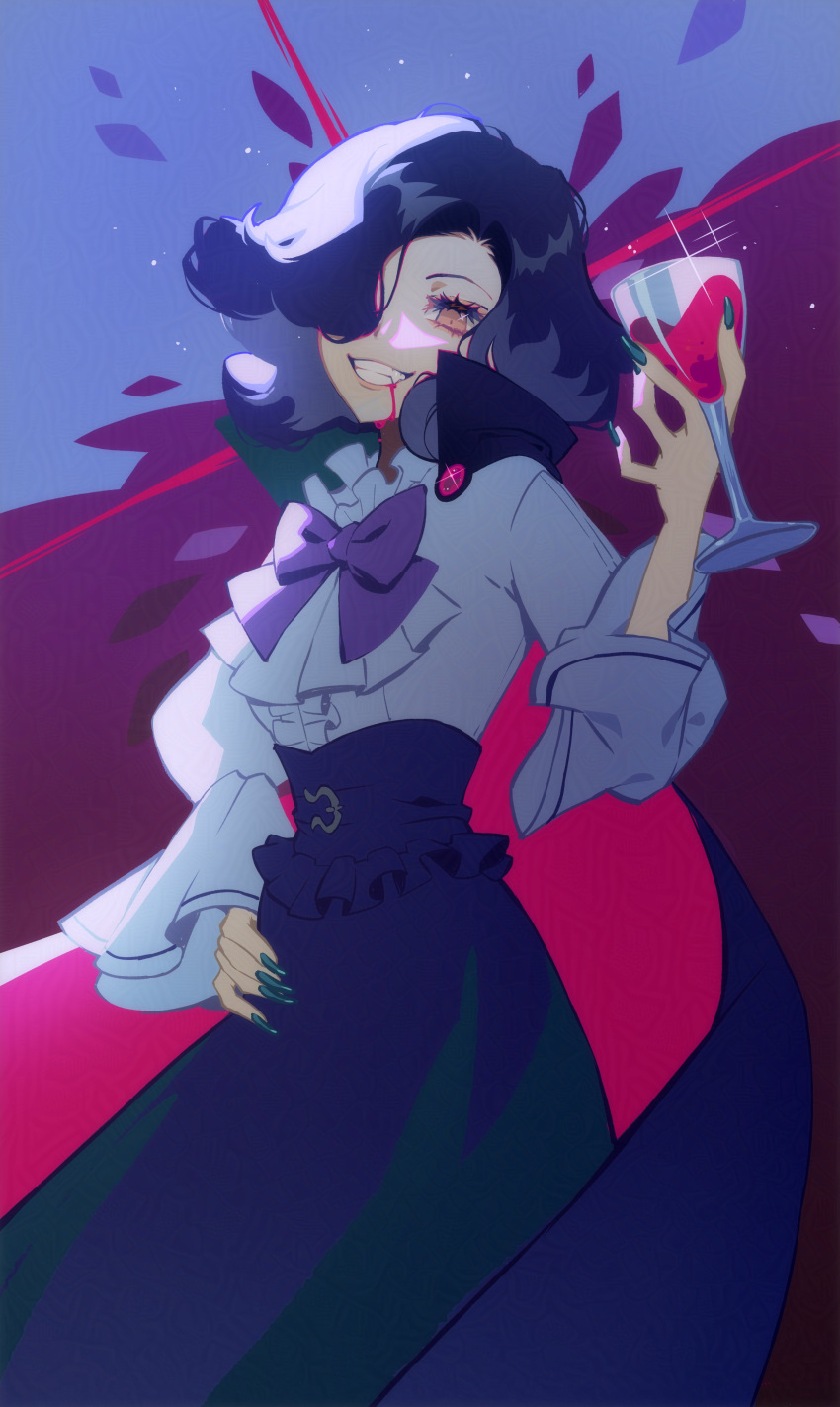 Safebooru - 1girl absurdres adversarial noise alcohol alternate costume black cape black hair ...