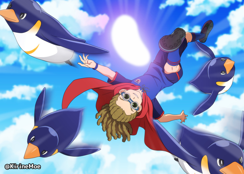 Safebooru - 1boy bird blue shirt blue shorts blue sky blue socks brown ...