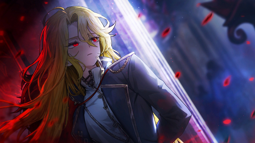 Safebooru - 1boy 2girls aiguillette arms behind back bari (project moon) black coat blonde hair ...