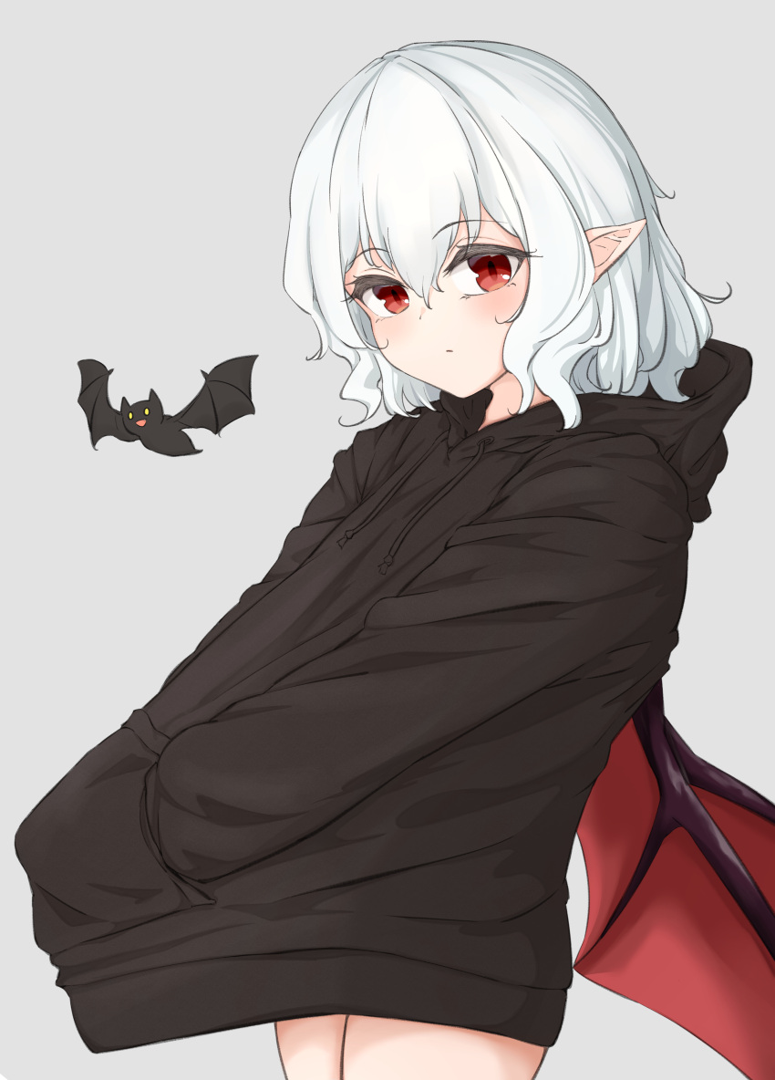 Safebooru - 1girl absurdres bat (animal) bat wings blush grey background hands in pockets ...
