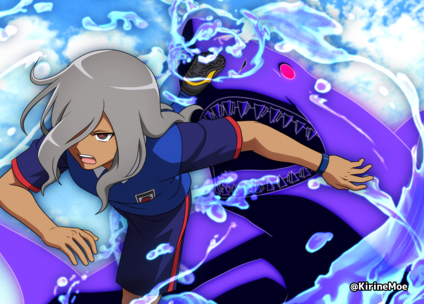 Safebooru - 1boy black footwear blue shirt blue shorts blue sky blue ...