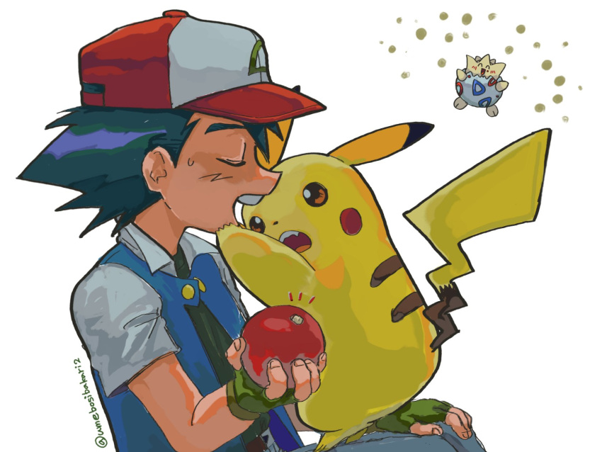 Safebooru - 1boy apple ash ketchum baseball cap black hair closed eyes ...