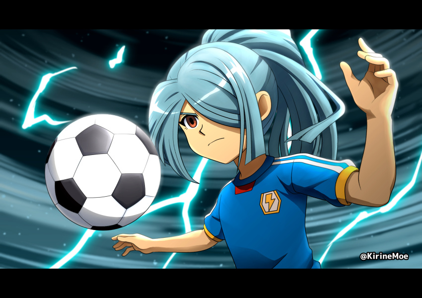 Safebooru - 1boy aqua hair ball blue shirt brown eyes closed mouth hair ...