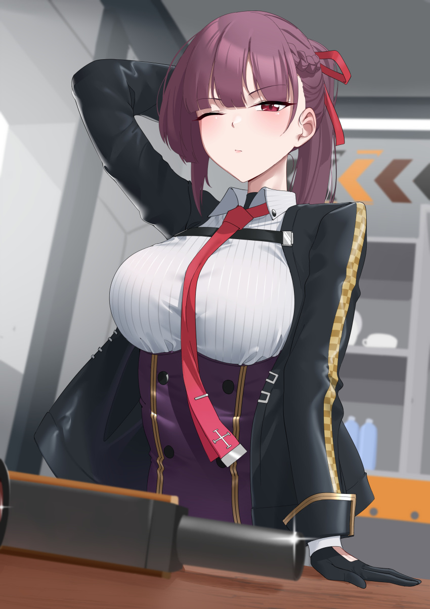 Safebooru - 1girl absurdres arm behind head black gloves black jacket blurry blurry background ...