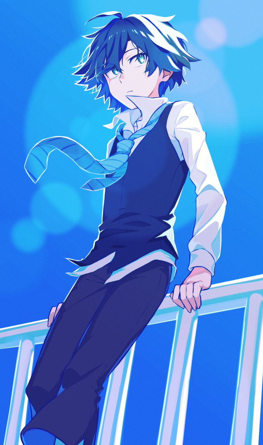 Safebooru - 1boy absurdres against railing black hair black pants black vest blue eyes bungou ...