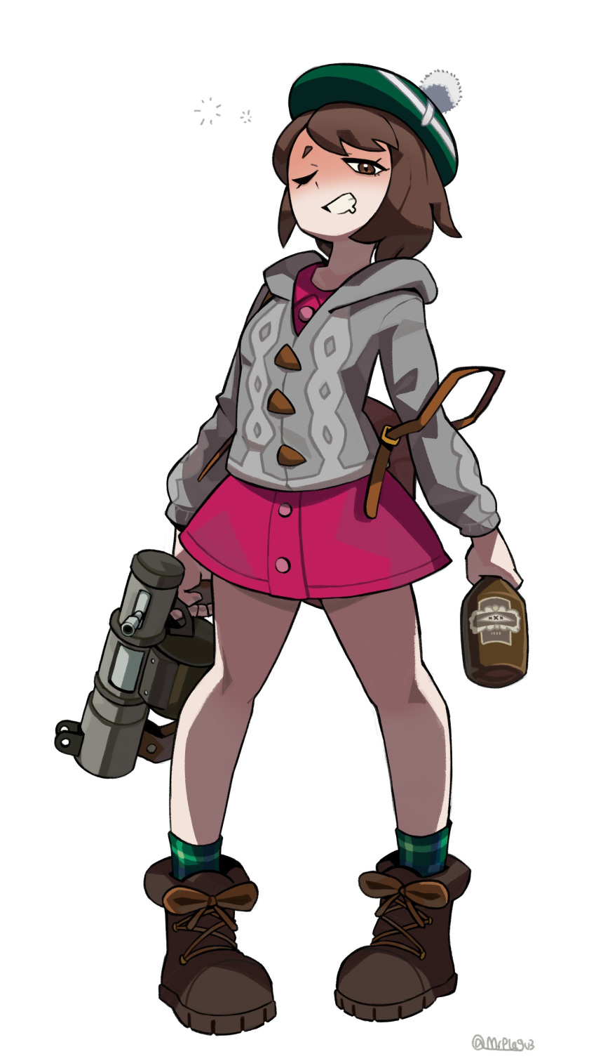 Safebooru - 1girl :d absurdres alcohol aran sweater arms at sides ...