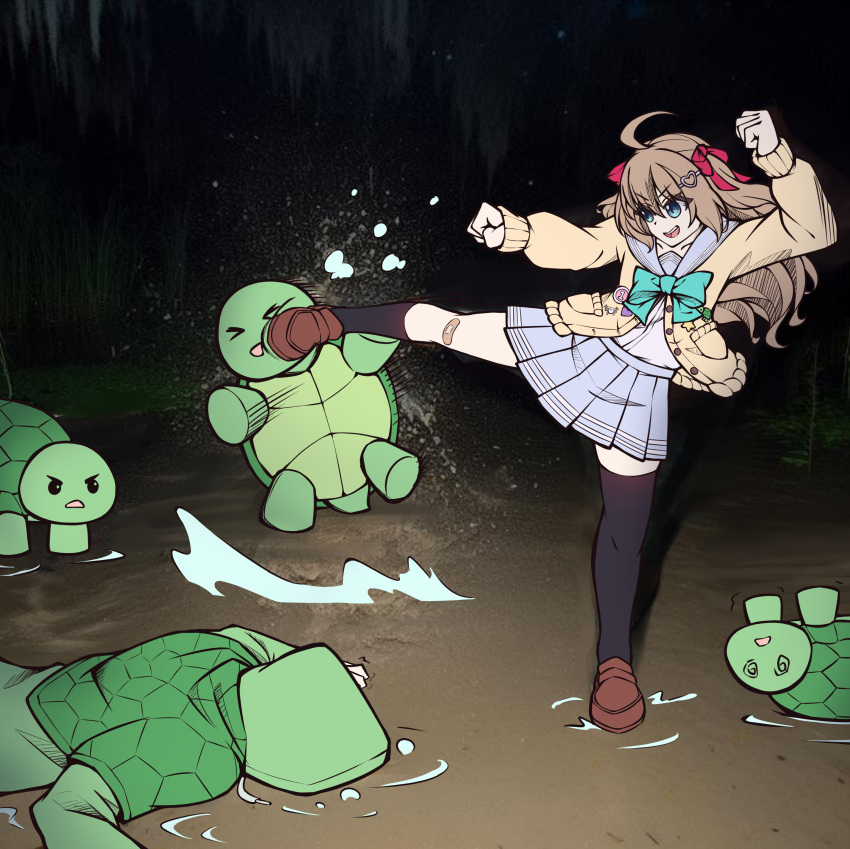 Safebooru - 1girl @ @ absurdres ahoge ai-generated art (topic) alligator kick (meme) arm up blue ...