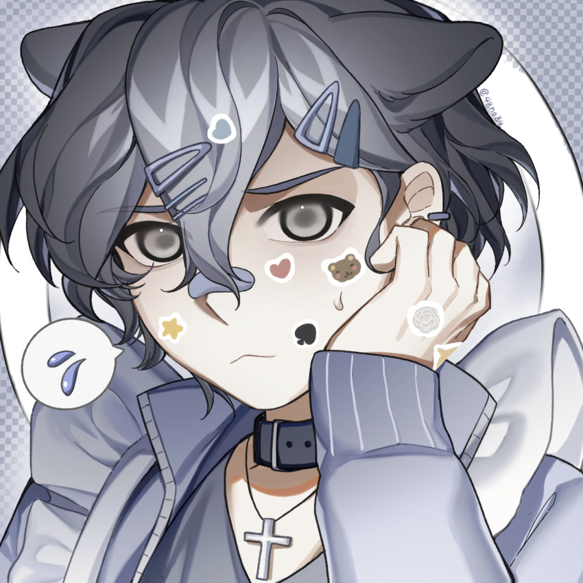 Safebooru - 1boy alternate costume animal ears belt collar black collar black hair blue ...