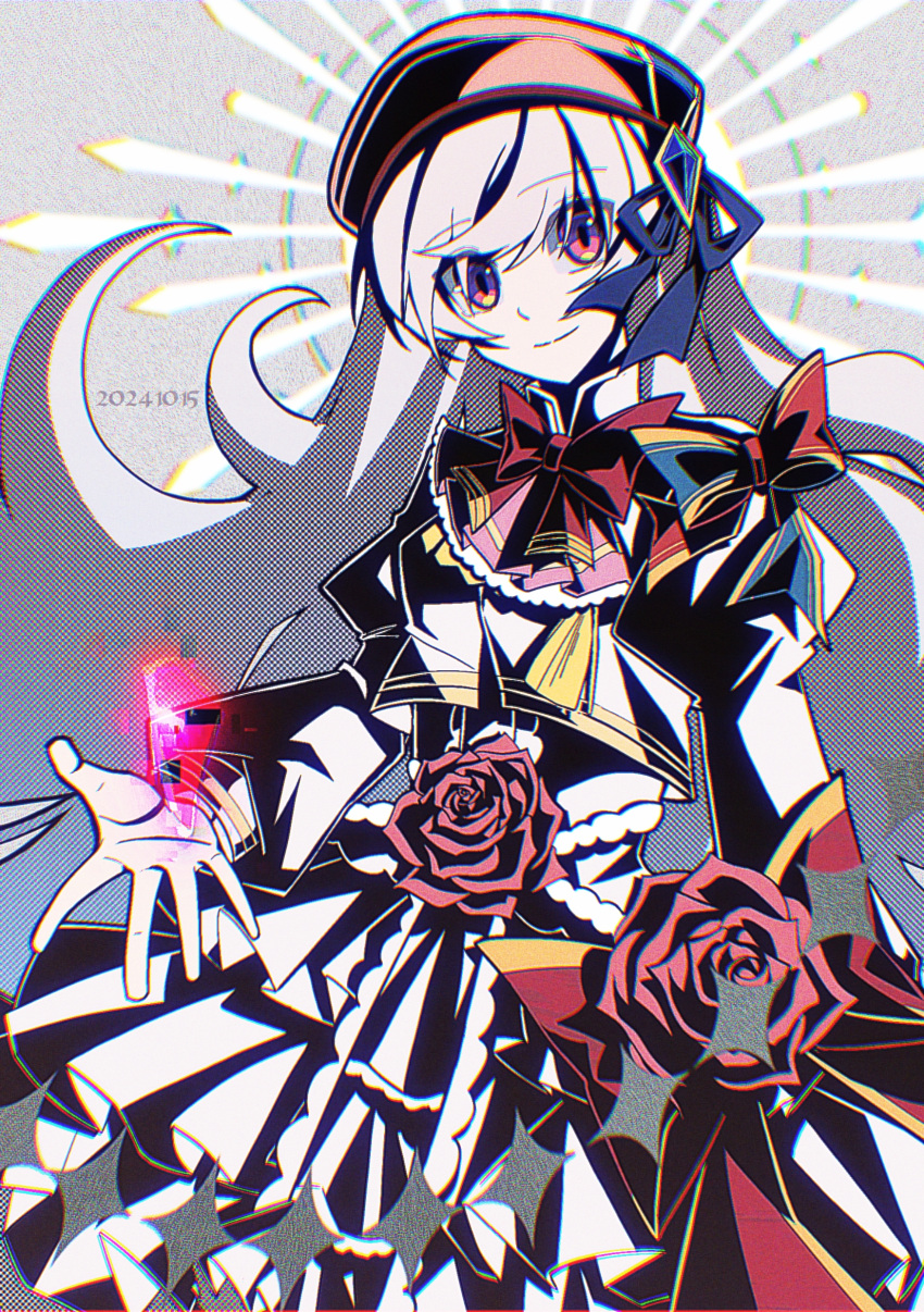 Safebooru - 1girl 2024 absurdres arcaea bow bowtie dated dress eternalcompass flower grey ...