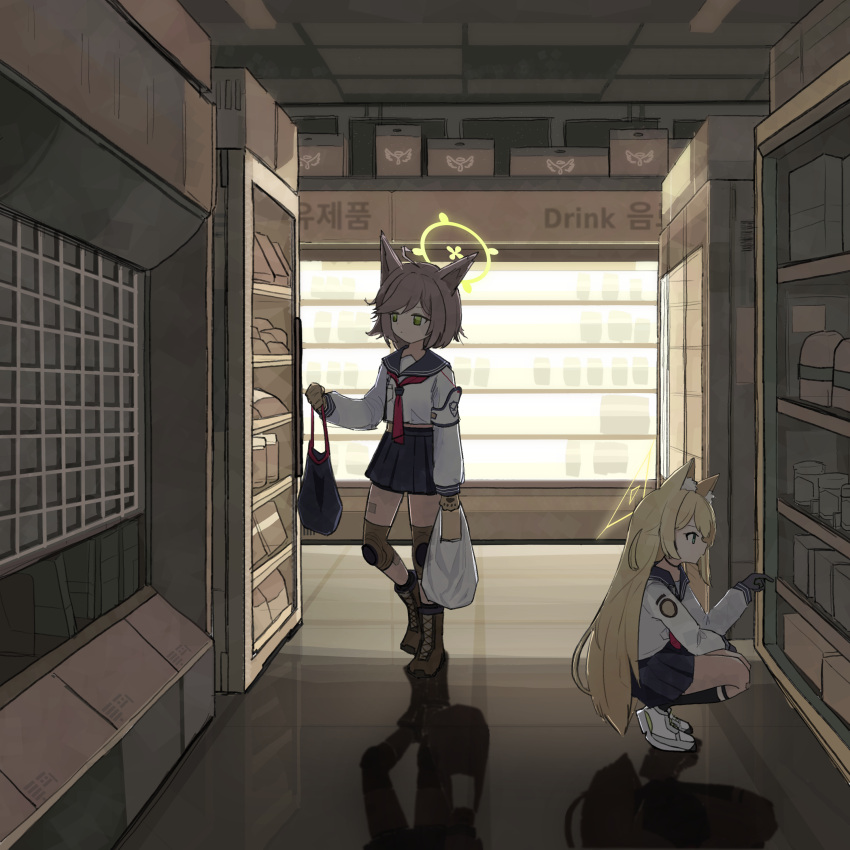 Safebooru - 2 pycat 2girls absurdres animal ear fluff animal ears bag black gloves black skirt ...