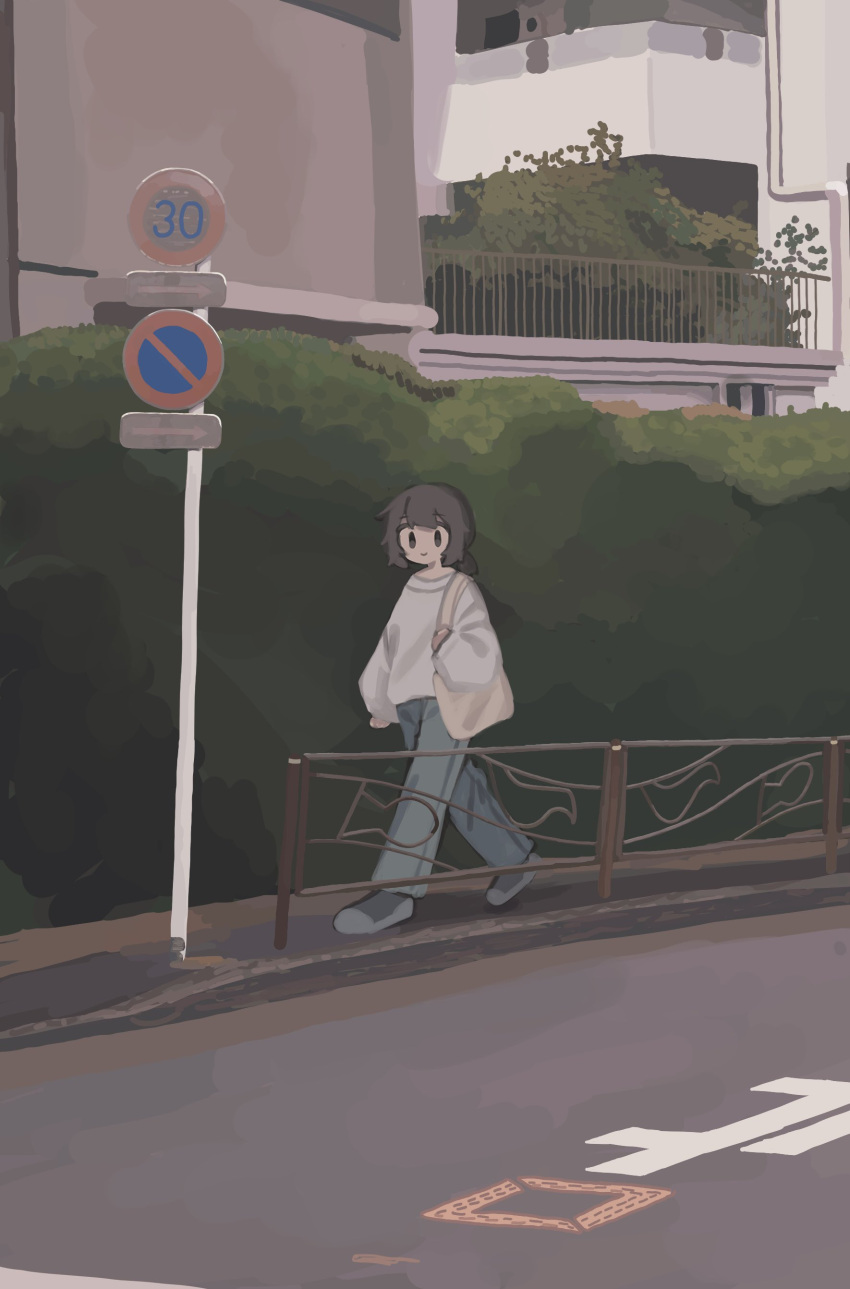 Safebooru - 1girl absurdres bag blue footwear blue pants brown eyes brown hair building closed ...