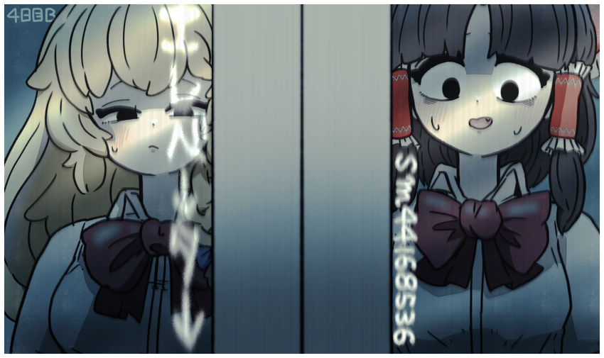 Safebooru - 2girls benikurage (cookie) black eyes black hair bow bowtie breasts closed mouth ...