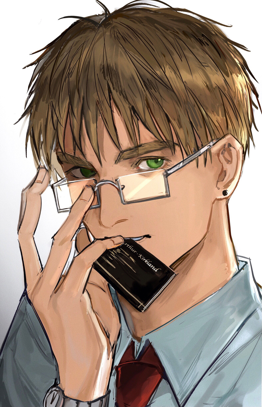 Safebooru - 1boy absurdres axis powers hetalia blonde hair collared shirt earrings glasses green ...