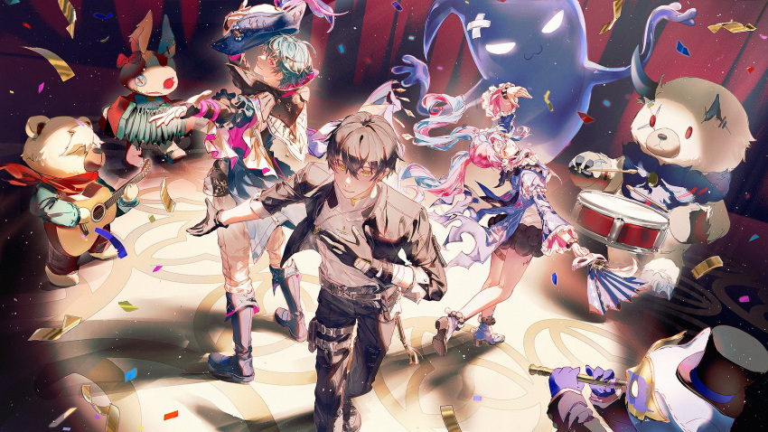 Safebooru - 1girl 2boys bare legs black gloves black hair black jacket ...