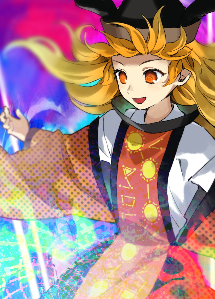 Safebooru - 1girl :d black hat blonde hair blurry commentary request ...