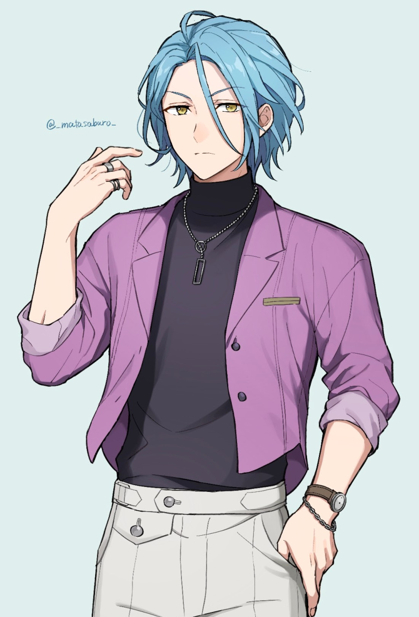 Safebooru - 1boy black shirt blue hair bracelet closed mouth ensemble ...