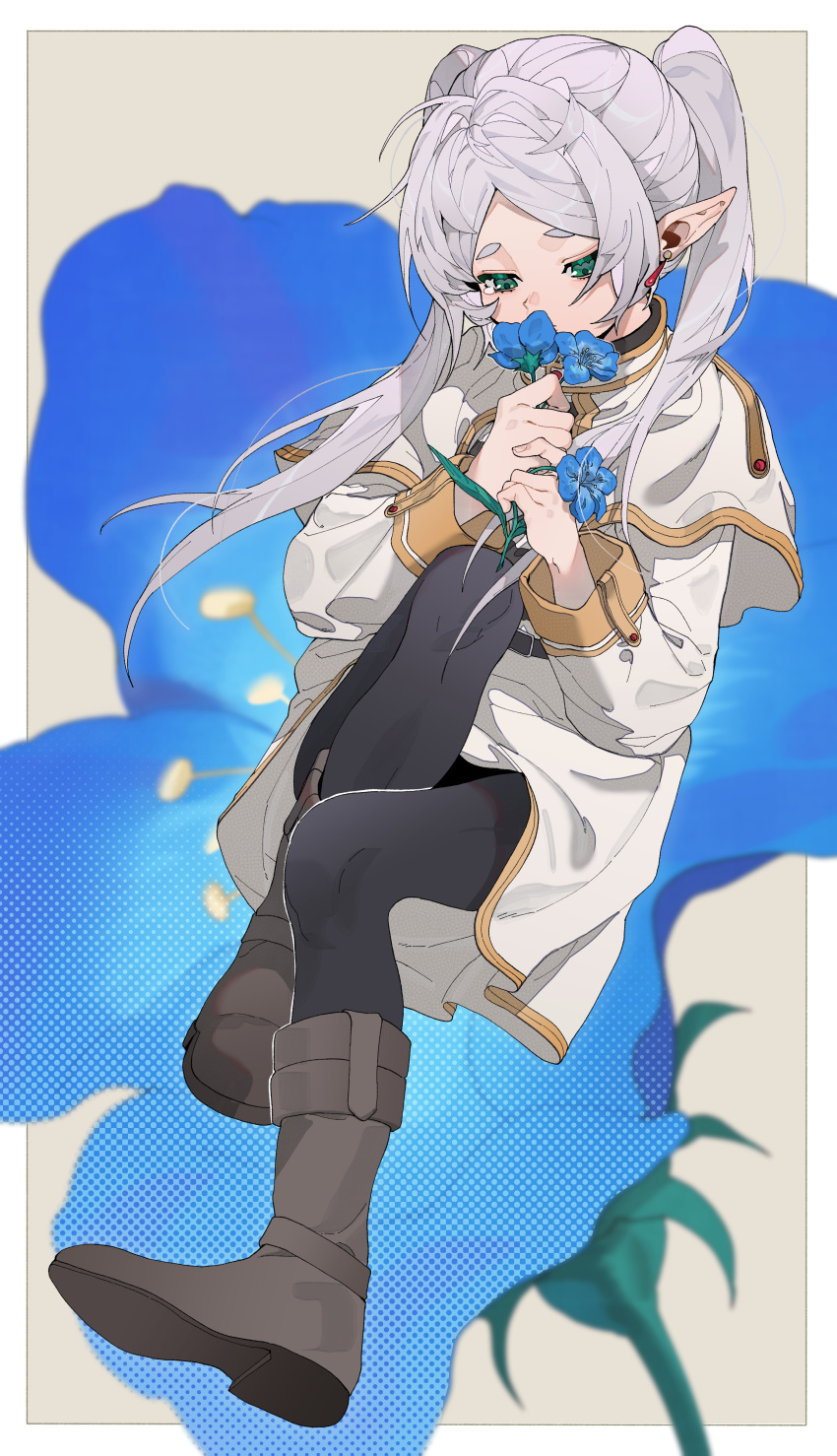 Safebooru - 1girl absurdres belt black belt black pantyhose blue flower blurry blurry background ...