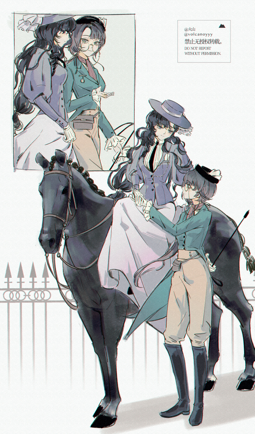 Safebooru - 2girls absurdres artist name ascot black footwear black hair black hat black necktie ...