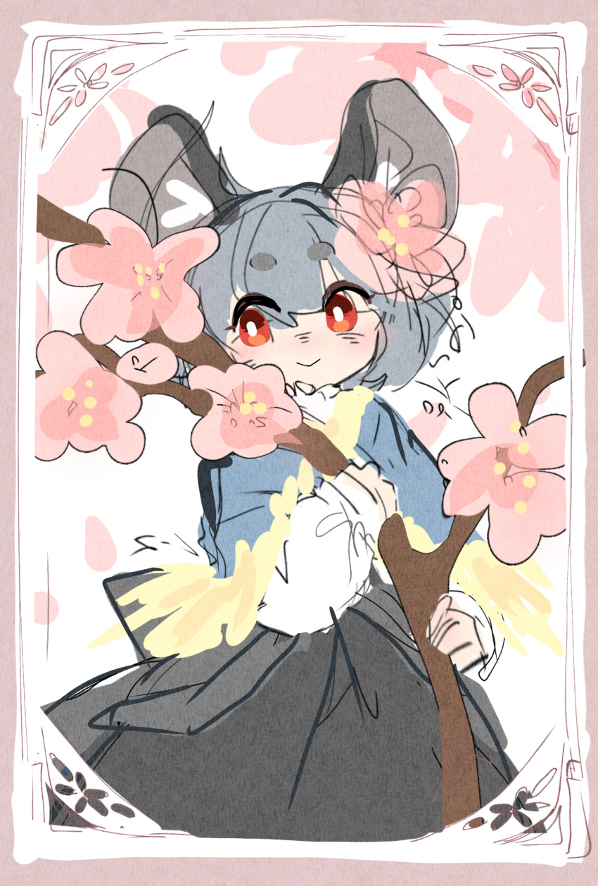 Safebooru - 1girl animal ears closed mouth cowboy shot flower grey skirt highres holding long ...