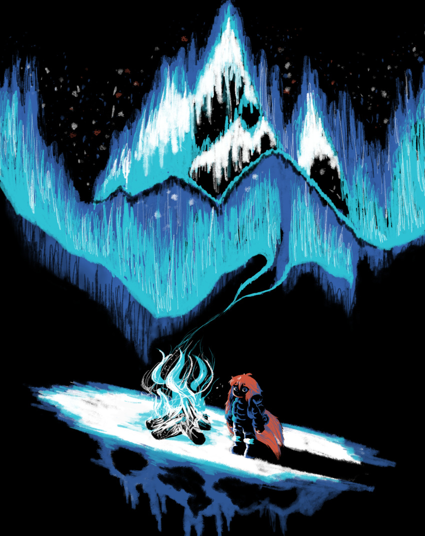 Safebooru - absurdres aurora blue fire blue jacket campfire celeste ...