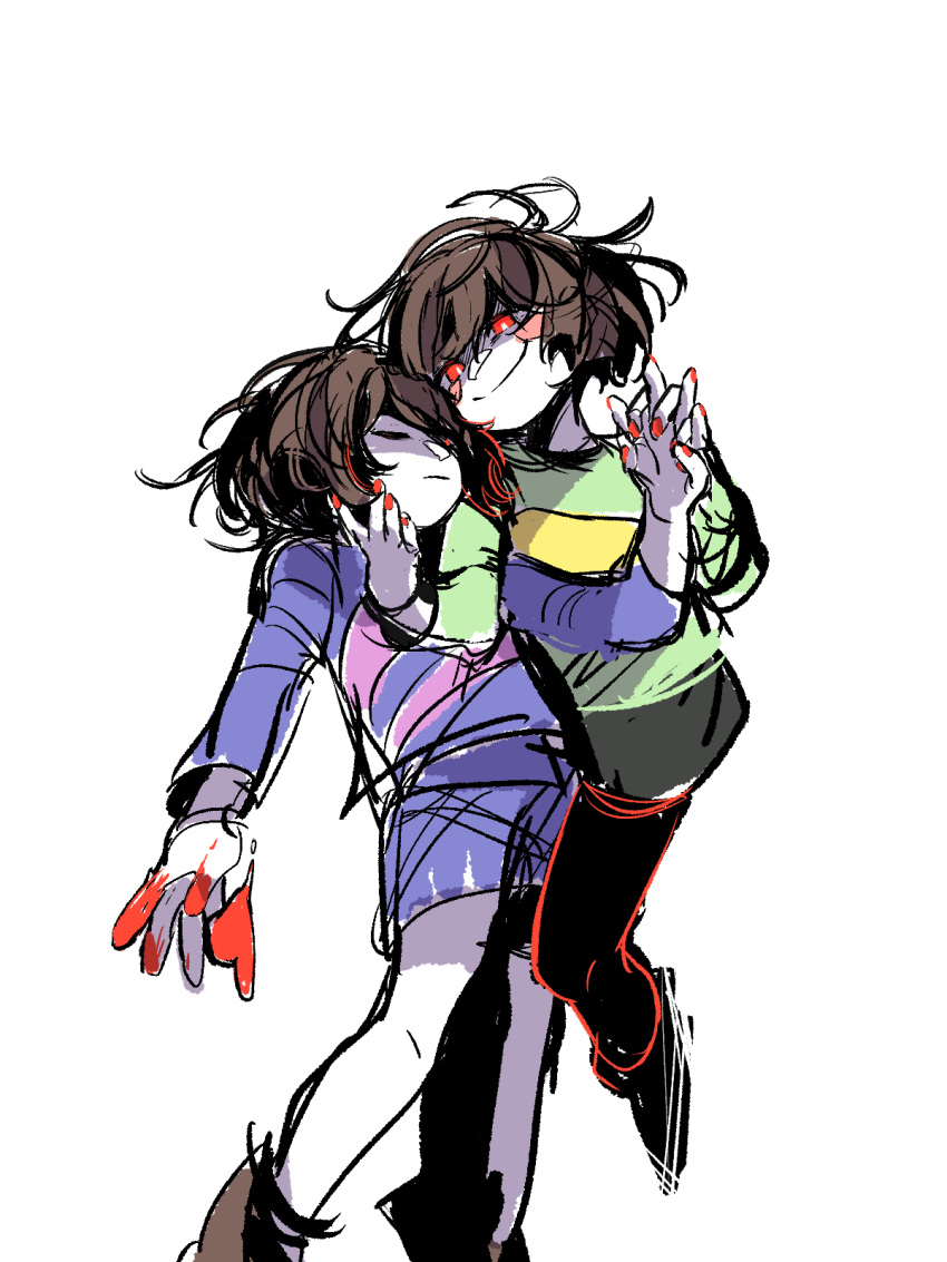 Safebooru - 2others black shorts blood blue shorts blue sweater bright pupils brown hair chara ...