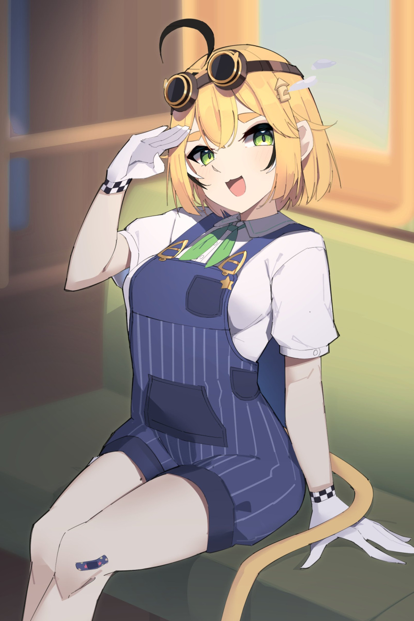 Safebooru - 1girl absurdres ahoge blonde hair blue overalls breasts checkered gloves checkered ...