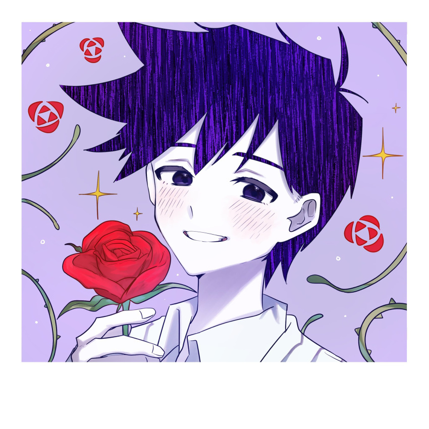 Safebooru - 1boy antenna hair blush colored skin flower grin hero ...