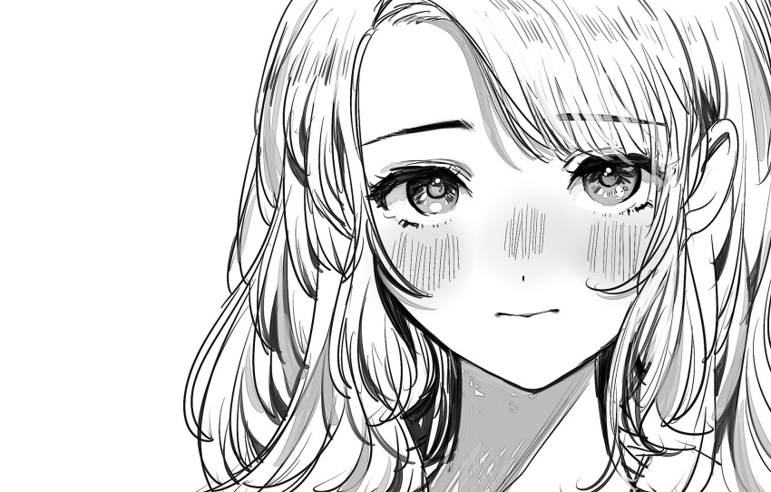Safebooru - 1girl blush close-up closed mouth dot nose greyscale highres long hair looking at ...