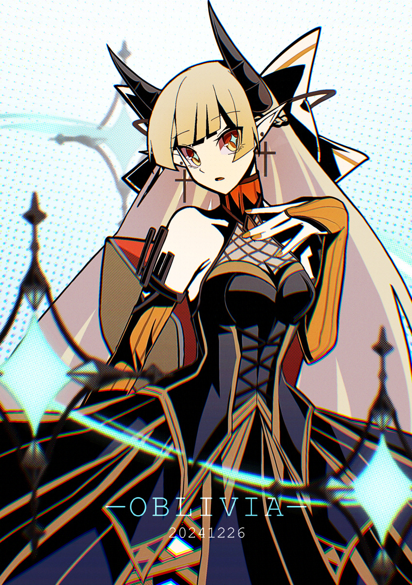 Safebooru - 1girl 2024 absurdres arcaea black dress blonde hair blue background cross cross ...