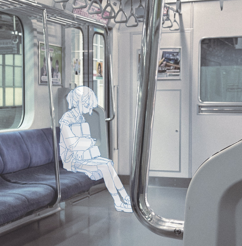 Safebooru - 1girl bag chair closed eyes facing down from side half updo hand grip highres ...