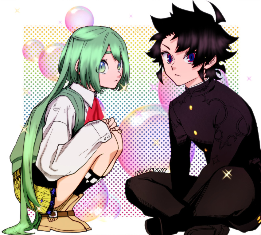 Safebooru - 1boy 1girl artist name black hair closed mouth colorized green eyes green hair ...
