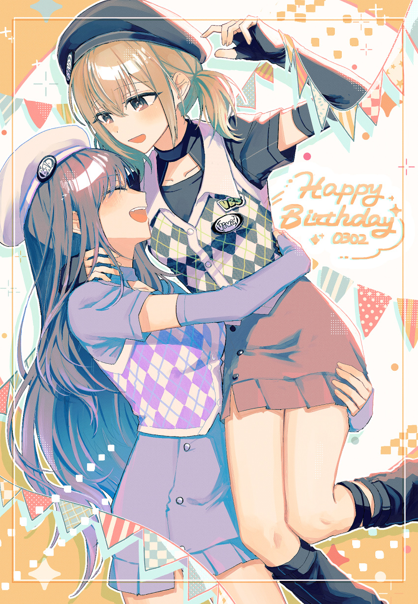 Safebooru - 2girls :d ^ ^ arm warmers azusawa kohane beret black gloves blonde hair blush boots ...