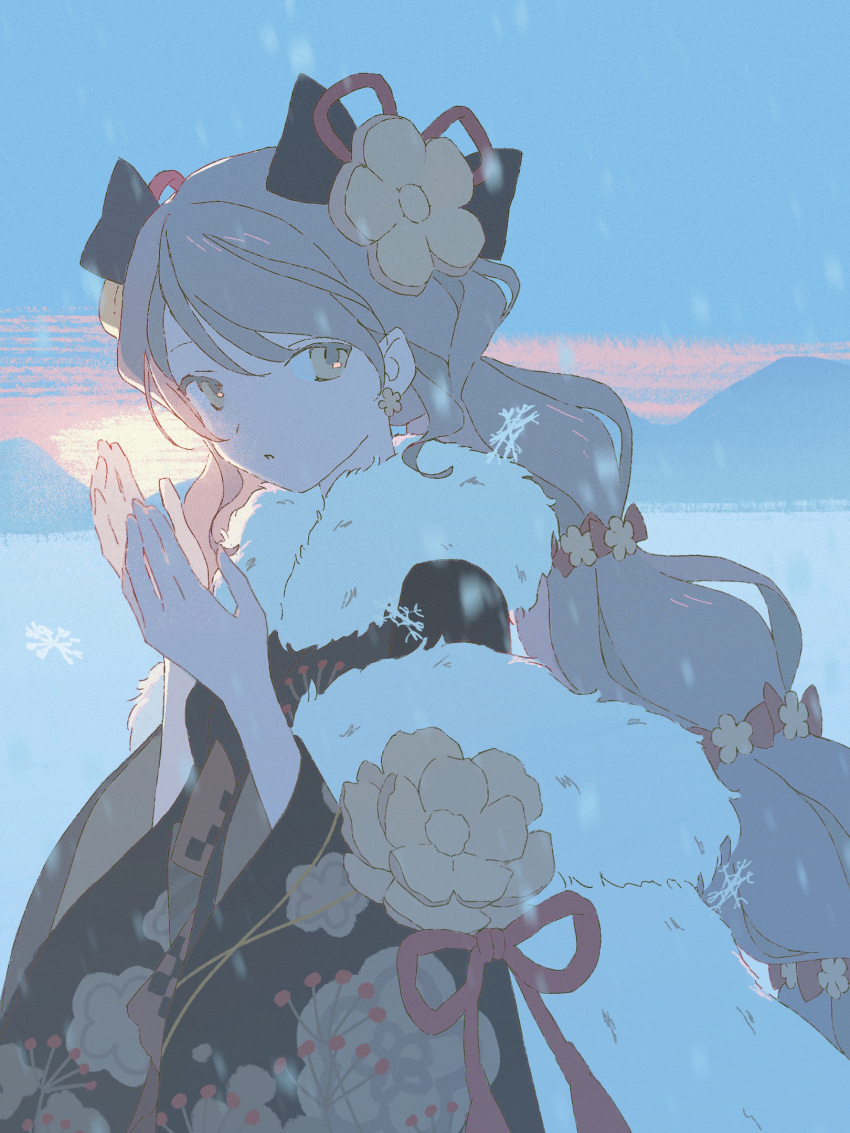 Safebooru - 1girl arcaea black kimono blue sky bow brown eyes brown flower brown hair commentary ...