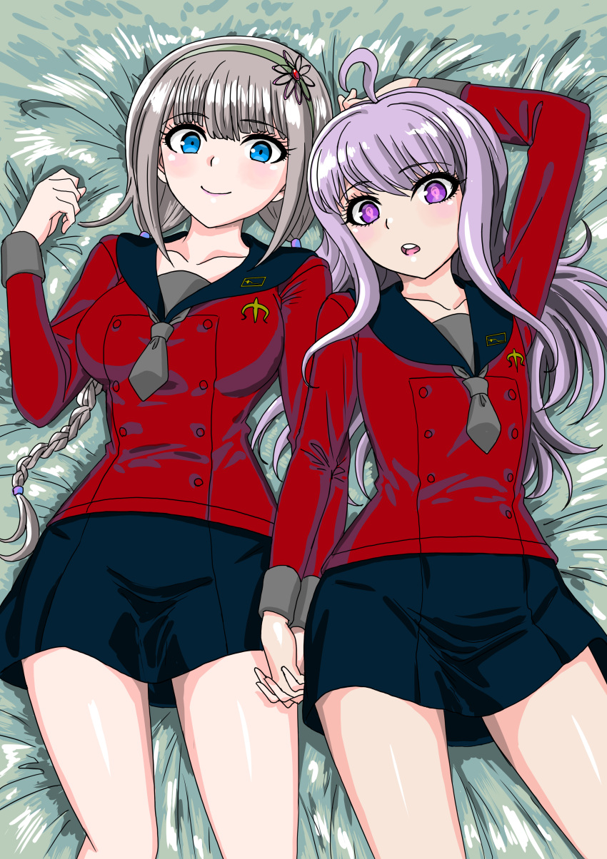 Safebooru - 1boy 1girl absurdres ahoge arm at side arm up bed sheet black sailor collar black ...