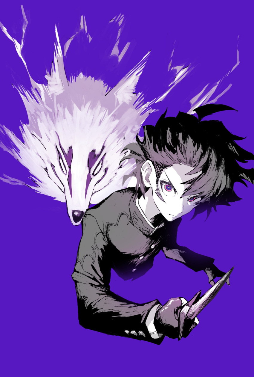 Safebooru - 1boy 1other animal ears black hair fox fox ears gloves highres holding holding knife ...