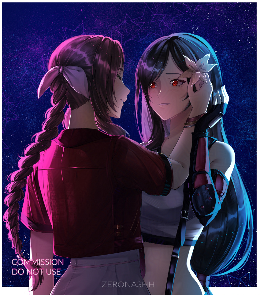 Safebooru - 2girls absurdres aerith gainsborough artist name black hair blush brown hair english ...