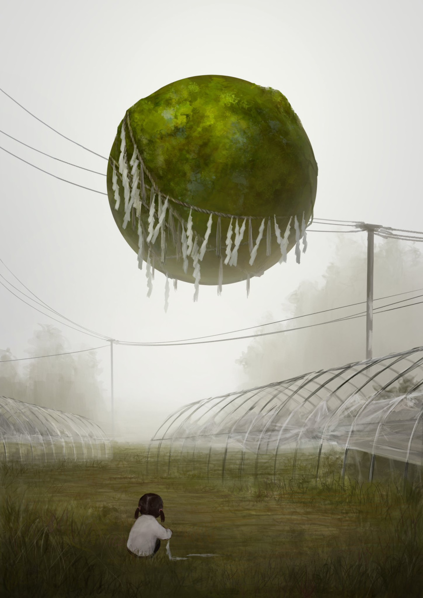 Safebooru - 1girl black hair child facing away fog grass highres illustrator kota marimo moss ...