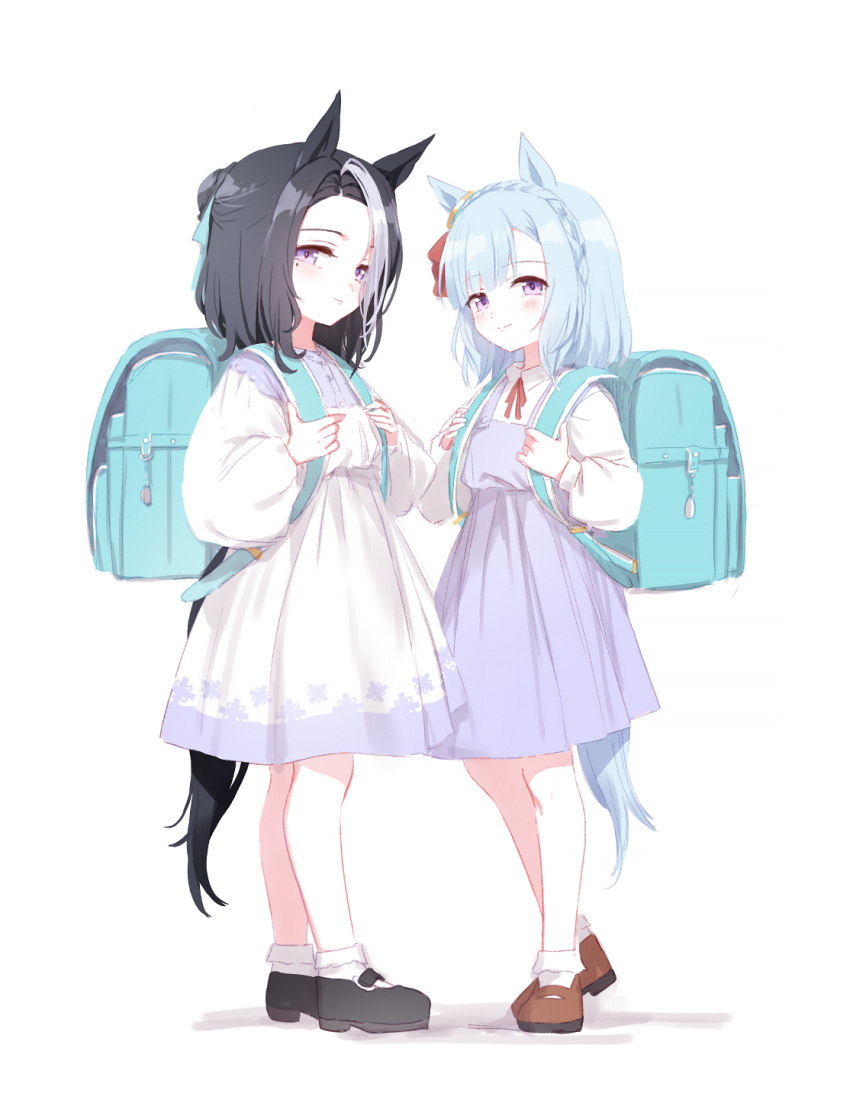 Safebooru - 2girls aged down animal ears backpack bag black footwear black hair blue hair bobby ...