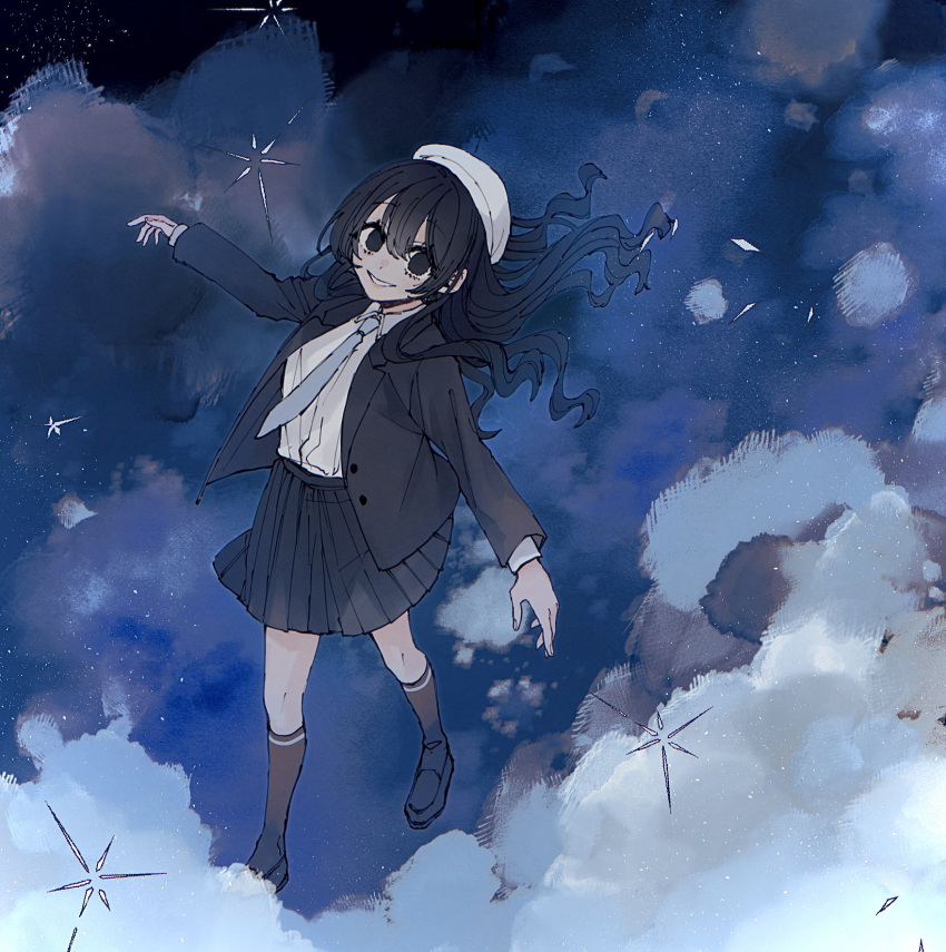 Safebooru - 1girl beret black eyes black hair black jacket clouds empty ...