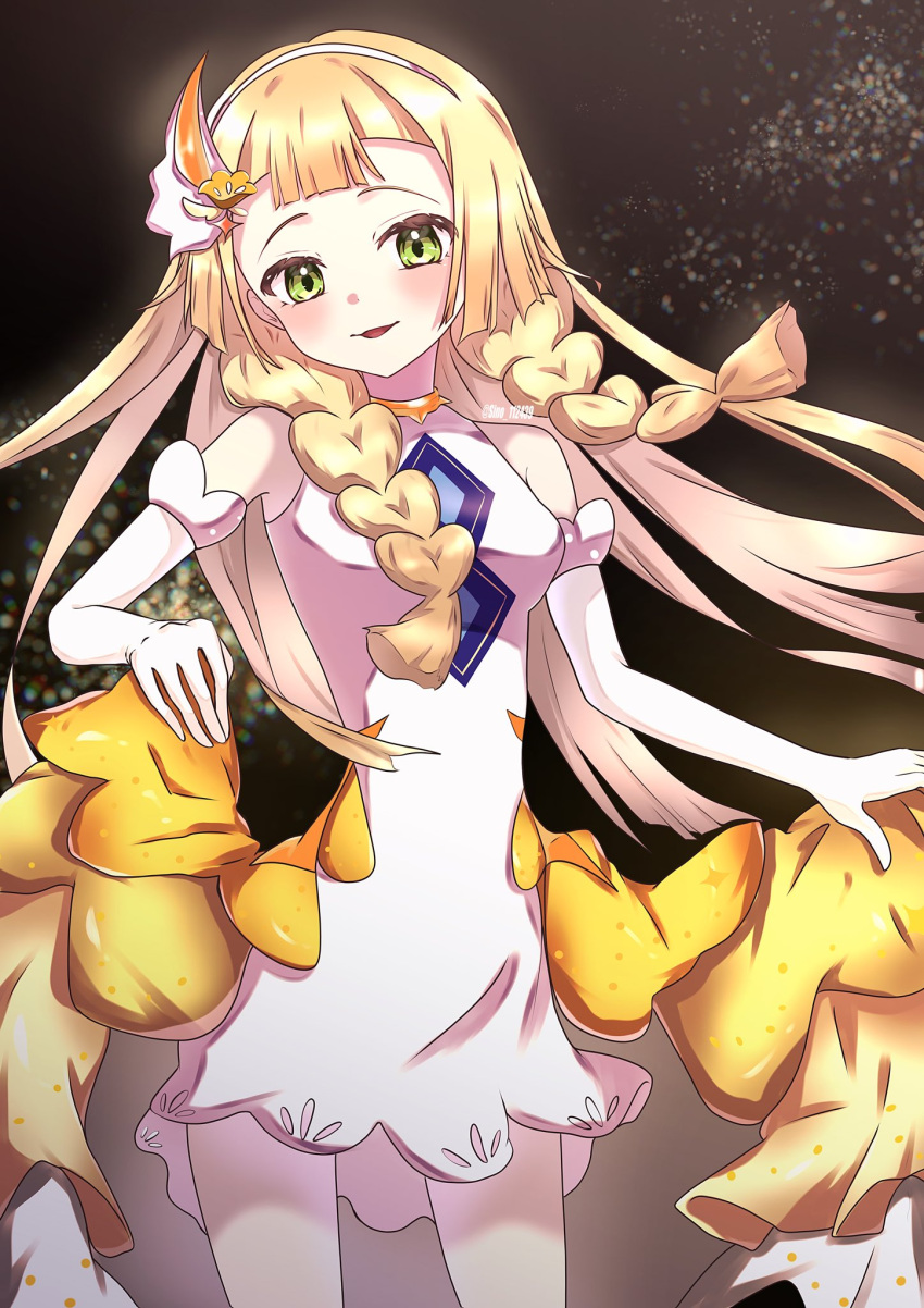 Safebooru - 1girl :d bare shoulders blonde hair braid cowboy shot dress ...