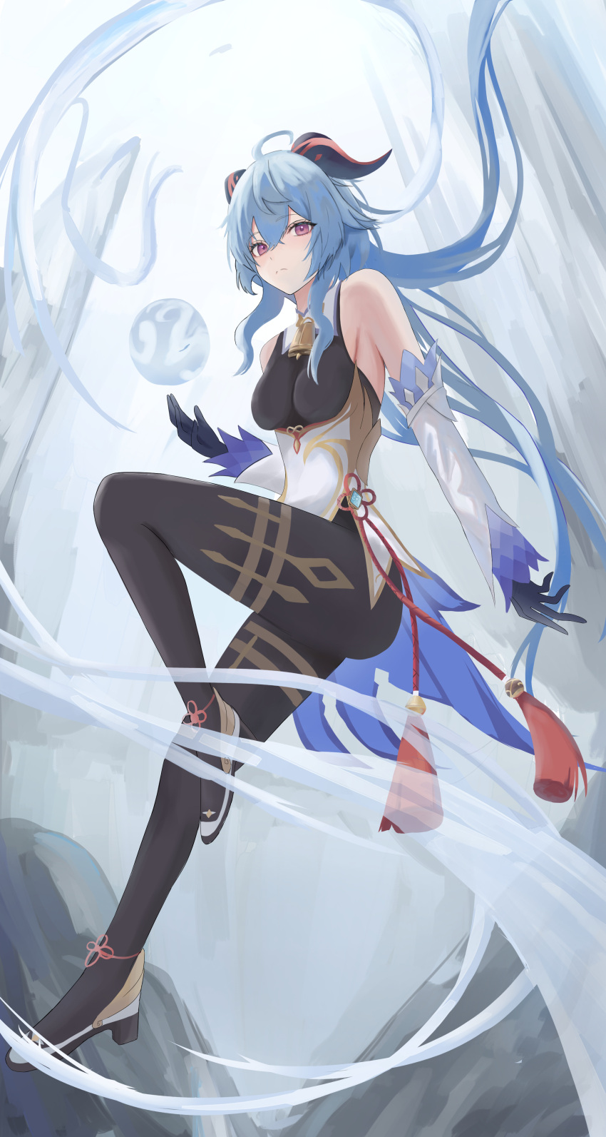 Safebooru - 1girl absurdres ahoge bare shoulders black gloves blue hair breasts closed mouth ...