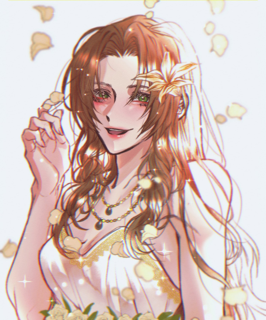 Safebooru - 1girl aerith gainsborough aerith gainsborough (white floral dress) bare shoulders ...