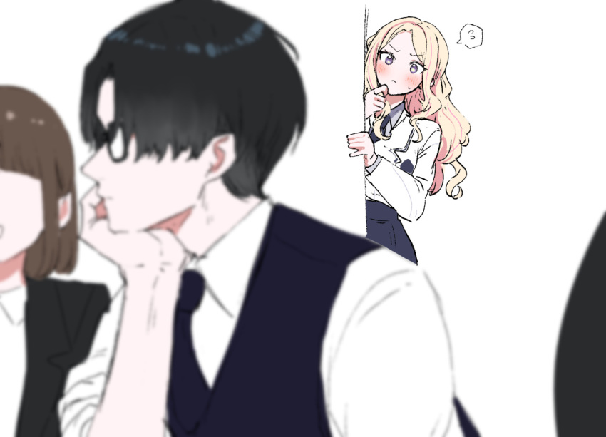 Safebooru - 1boy 2girls black-framed eyewear blonde hair blush faceless faceless female gakuen ...