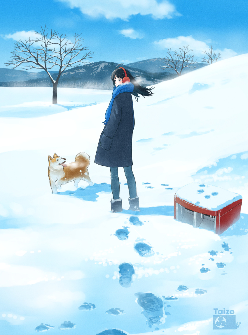 Safebooru - 1girl ahoge bare tree black hair blue coat blue eyes blue leggings blue scarf blue ...