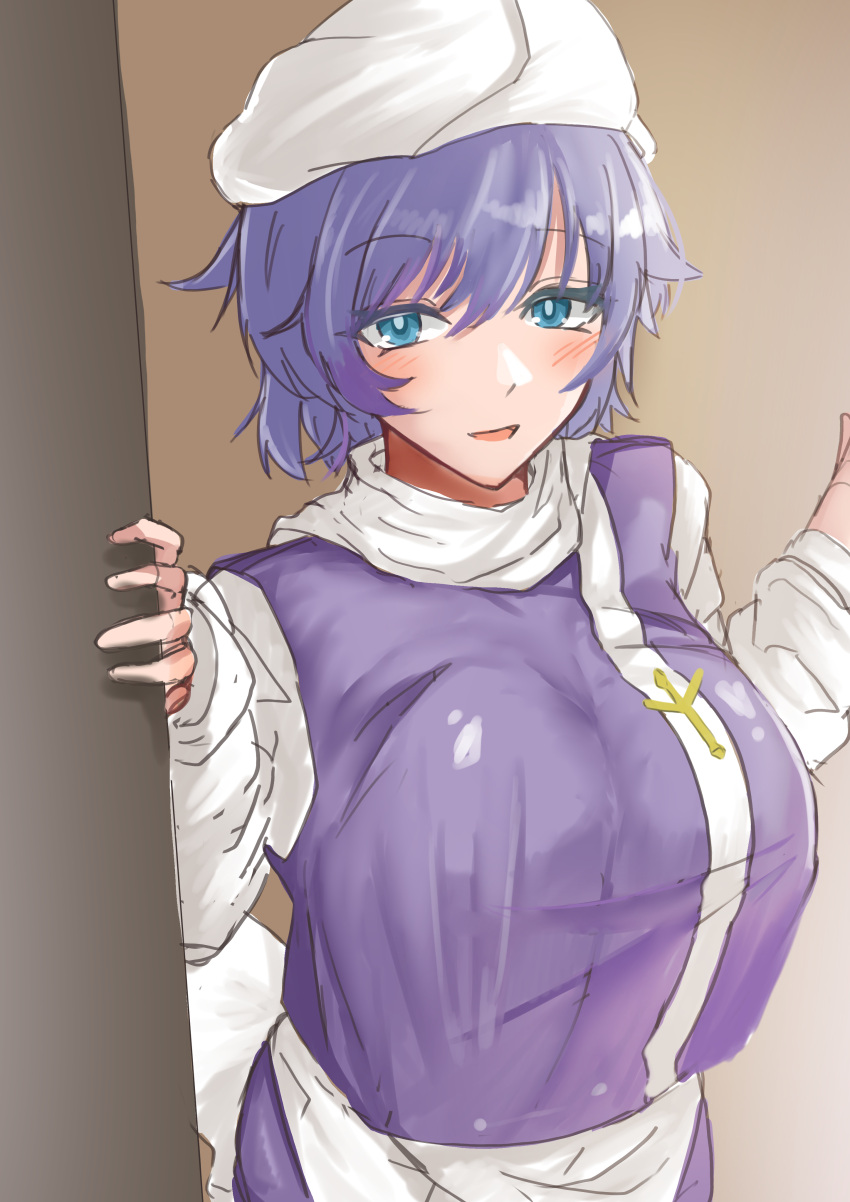 Safebooru - 1girl absurdres aqua eyes blue hair breasts commentary hat highres kuraki lapel pin ...