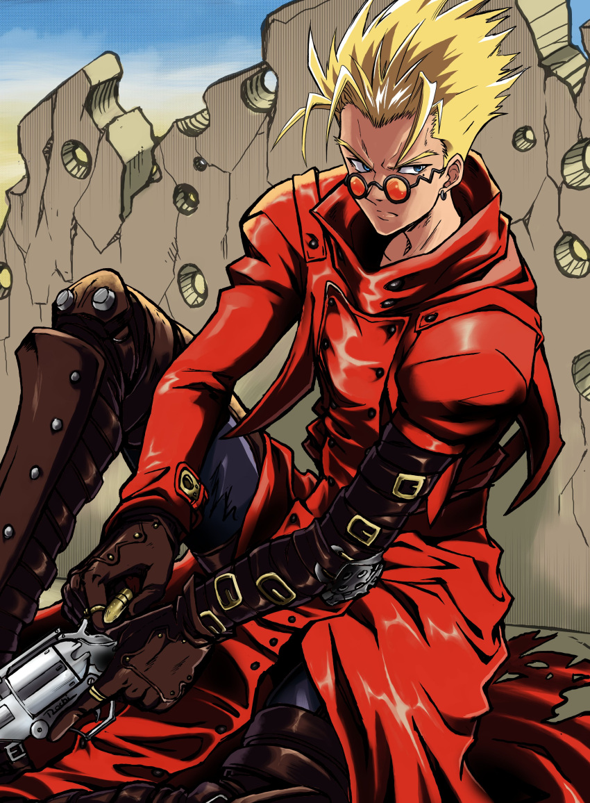 Safebooru - 1boy absurdres black gloves black pants blonde hair blue eyes bullet bullet hole ...